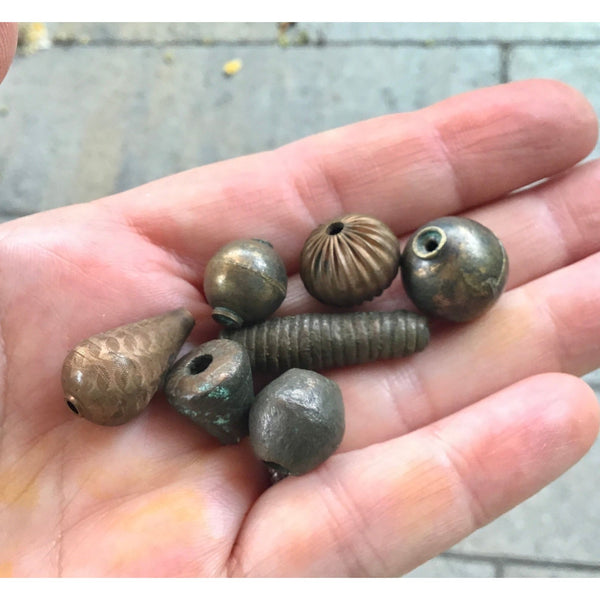 Group Of 7 Vintage Brass And Copper Mixed Shape Beads African Trade